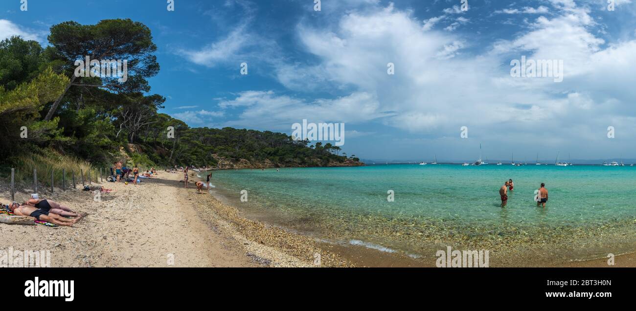 Porquerolles, France - June 10, 2019 : People on the beach of Notre ...