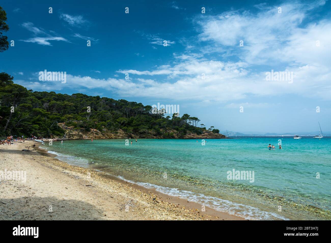 Porquerolles, France - June 10, 2019 : People on the beach of Notre ...