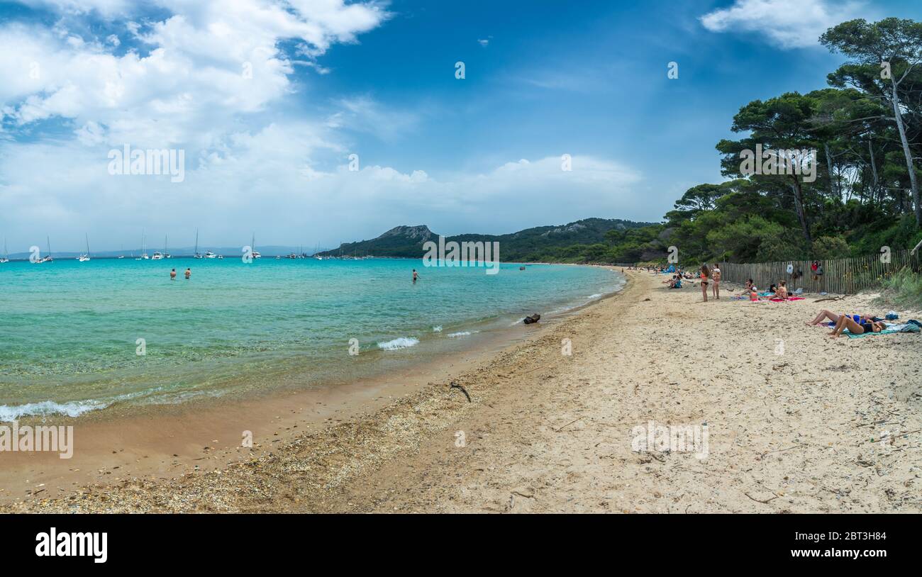 Porquerolles, France - June 10, 2019 : People on the beach of Notre ...
