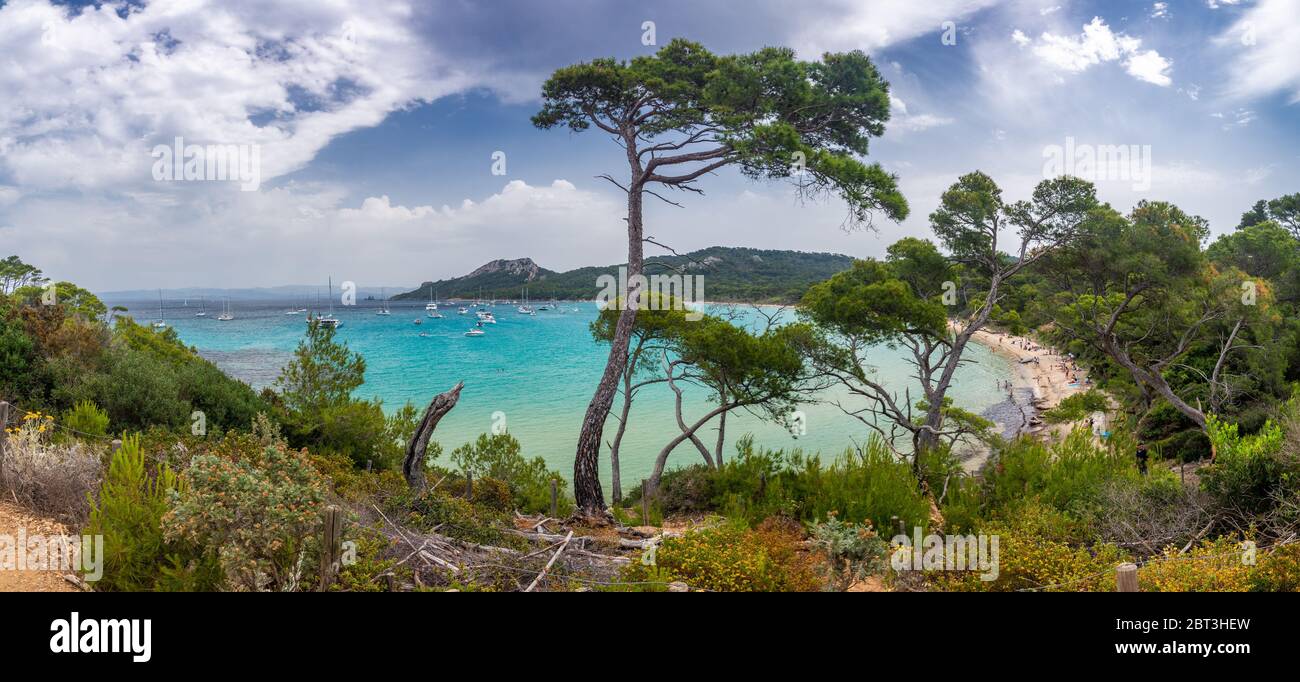 Porquerolles, France - June 10, 2019 : People on the beach of Notre ...