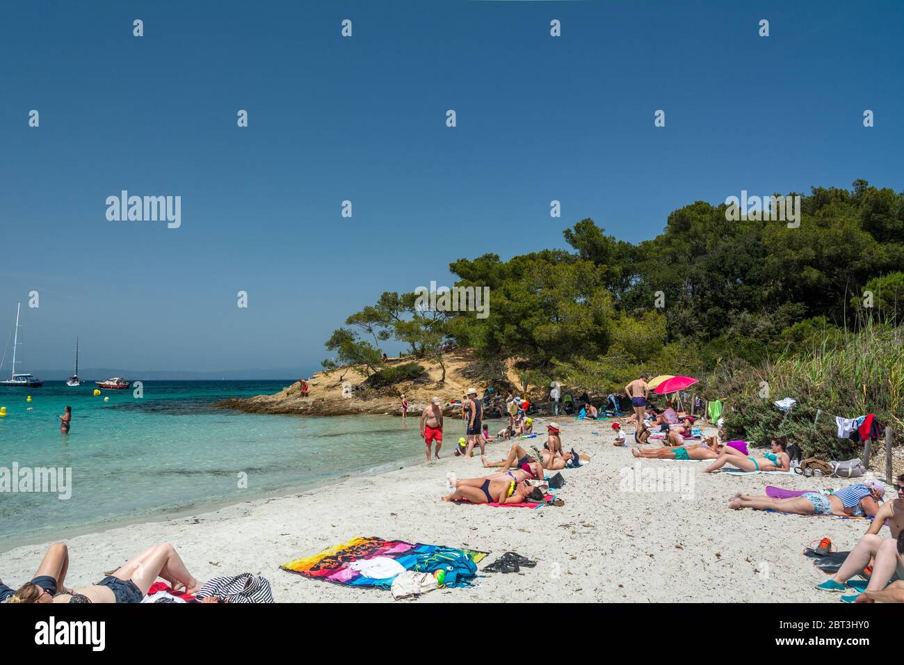 Porquerolles, France - June 10, 2019 : People on the silver beach ...