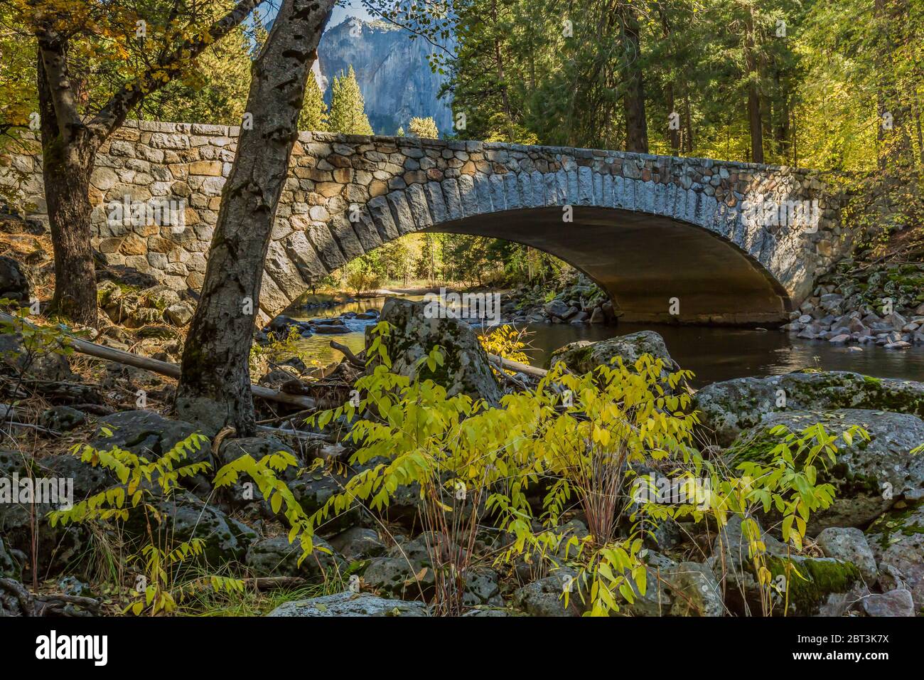 Pohono Bridge over the Merced River in autumn in Yosemite Valley ...