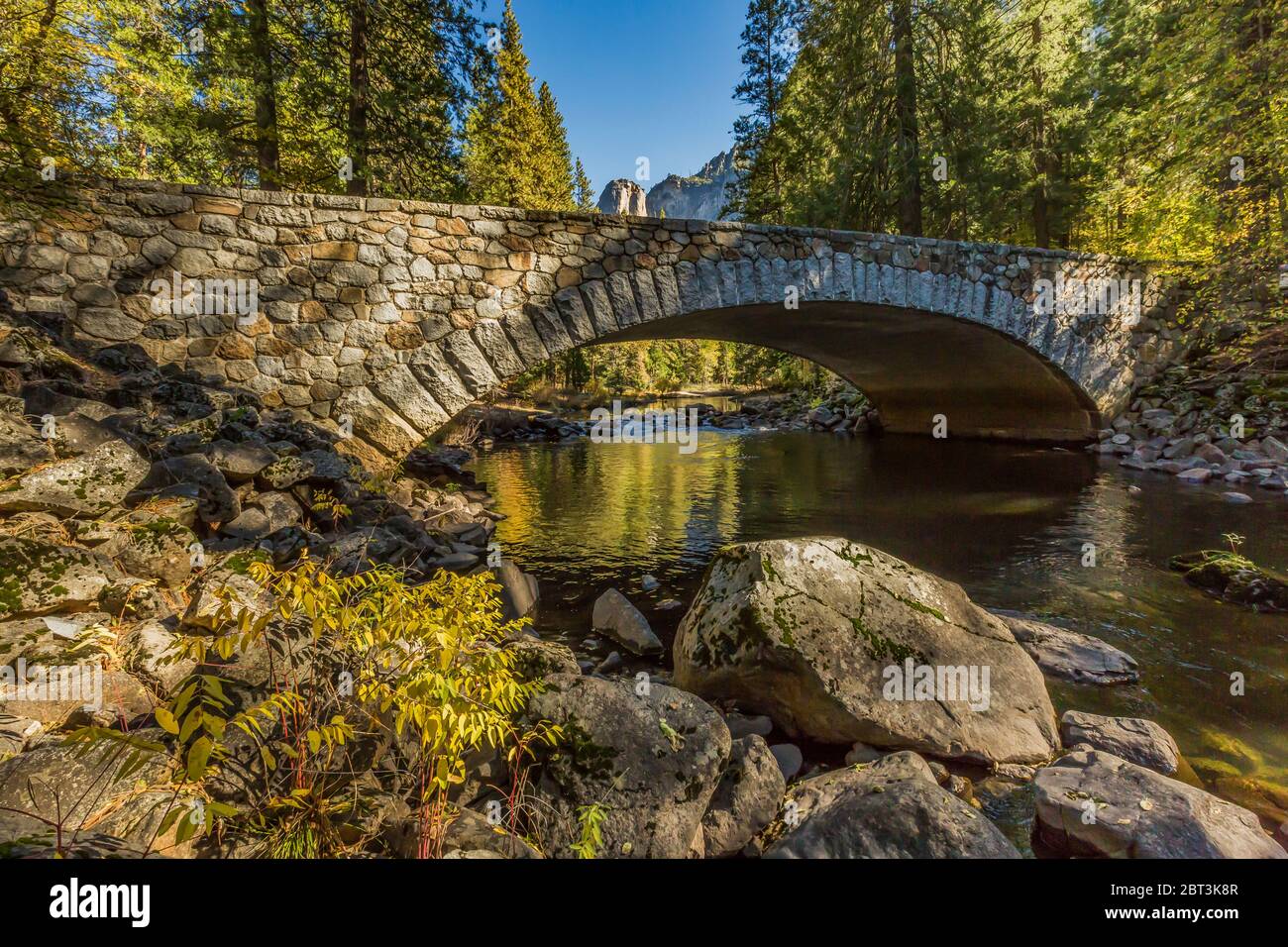 Pohono Bridge over the Merced River in autumn in Yosemite Valley ...