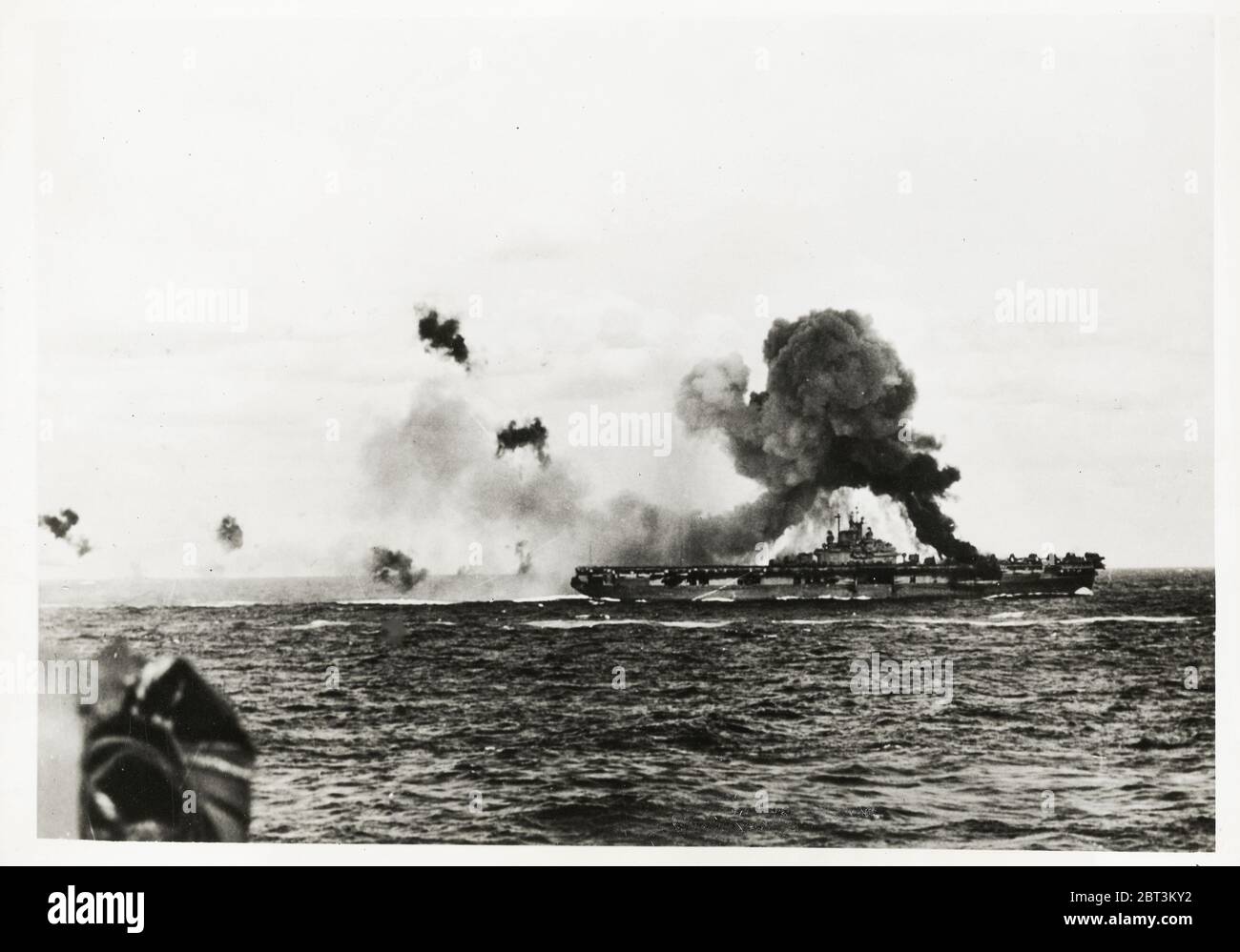 World War II vintage photograph - fire on USS Intrepid aircraft carrier ...