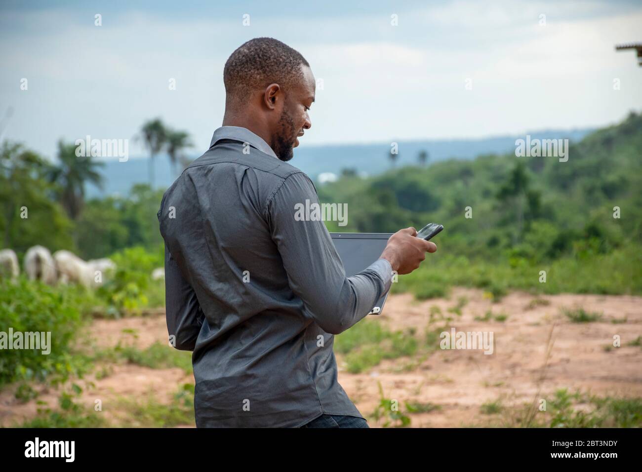 young black man using his mobile phone and a laptop smiling Stock Photo ...