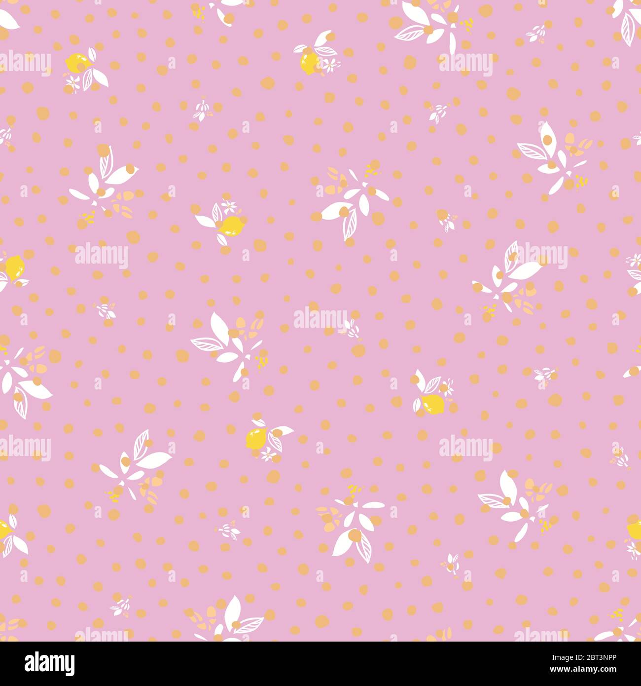 Ditsy floral vector pink summer lemon pattern. Hand drawn textured ...
