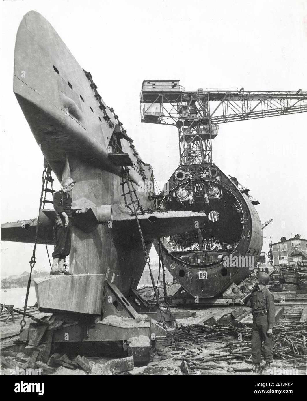 World War II vintage photograph - Deshimag shipyard and submarine after ...