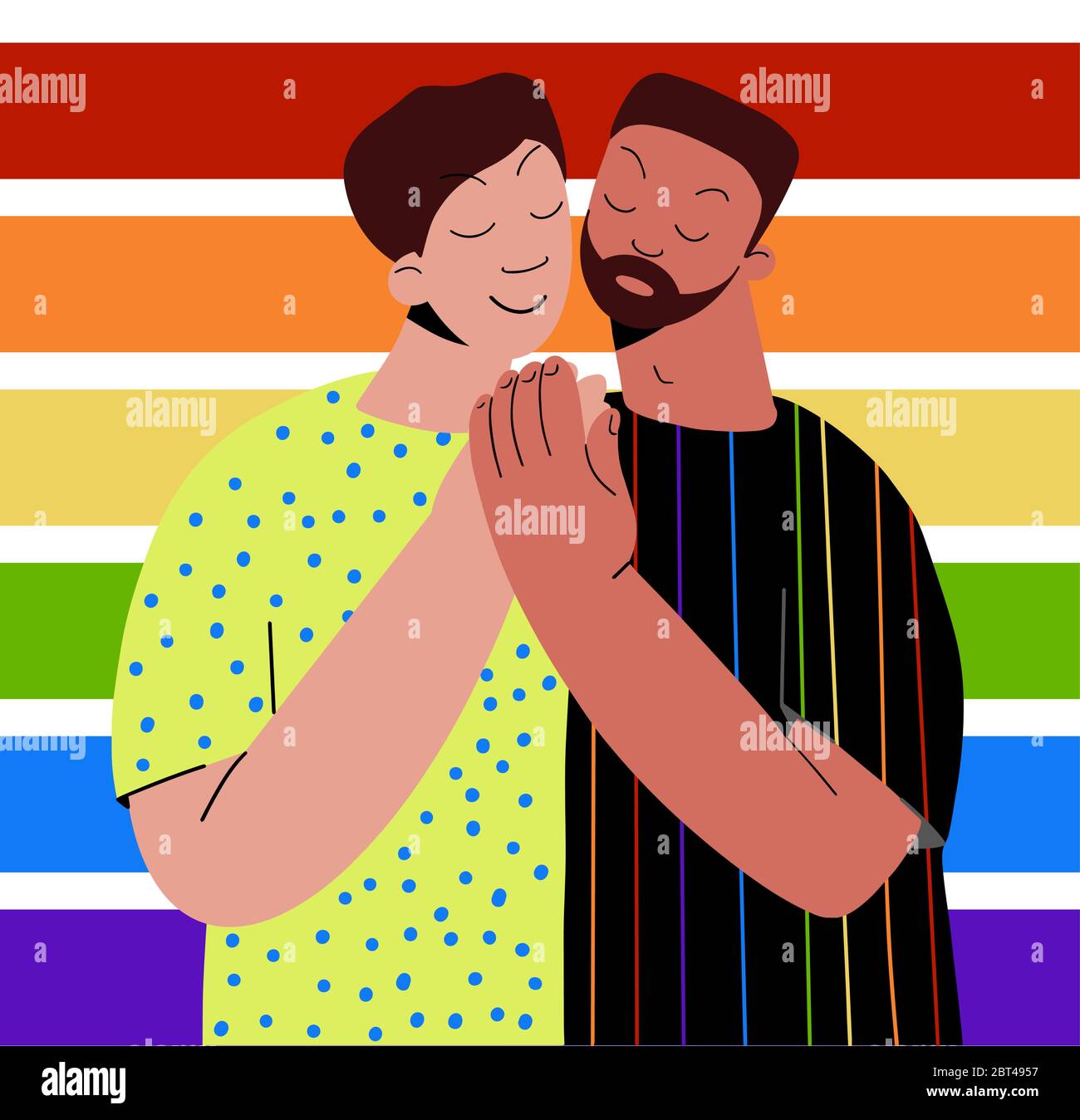 Homosexual gay couple against the background of the LGBT community flag ...