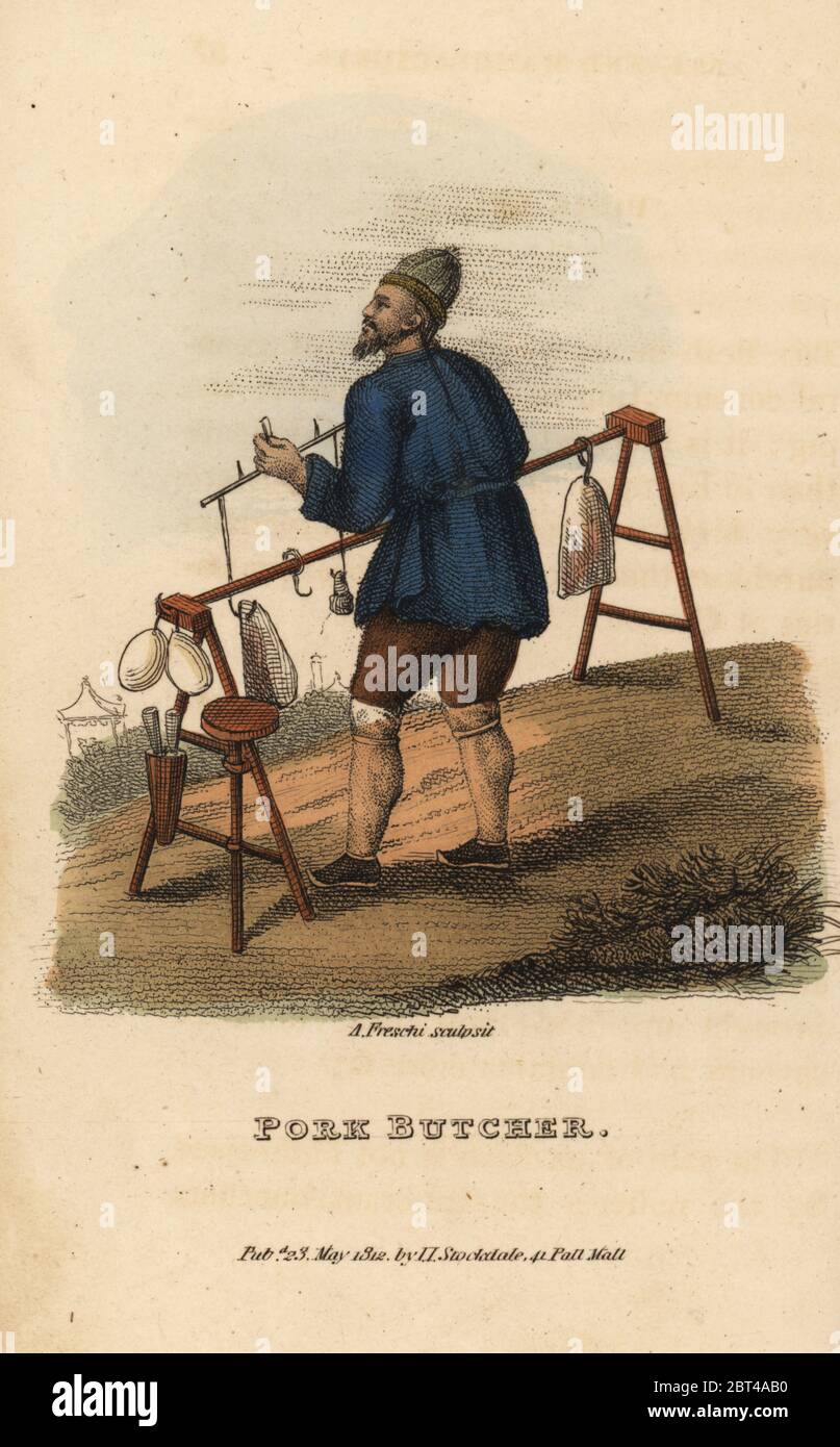 Chinese pork butcher selling hams, Qing Dynasty. Handcoloured ...