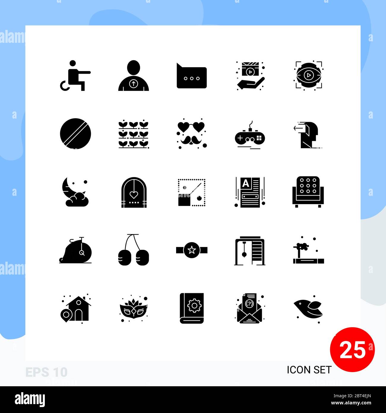 25 Universal Solid Glyph Signs Symbols of view, eye, chat, movie, hands ...