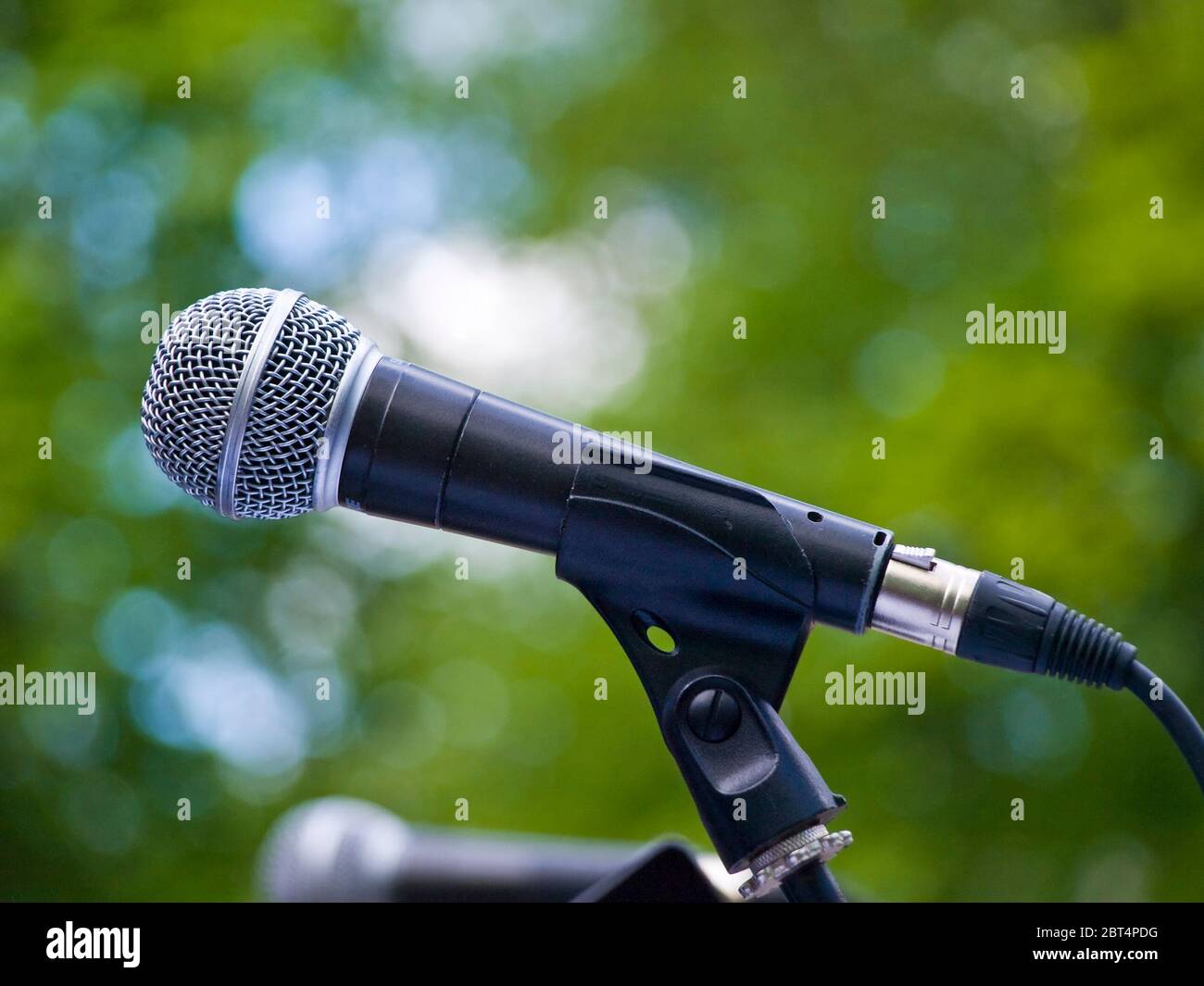 Single microphone against the green leaves background Stock Photo - Alamy