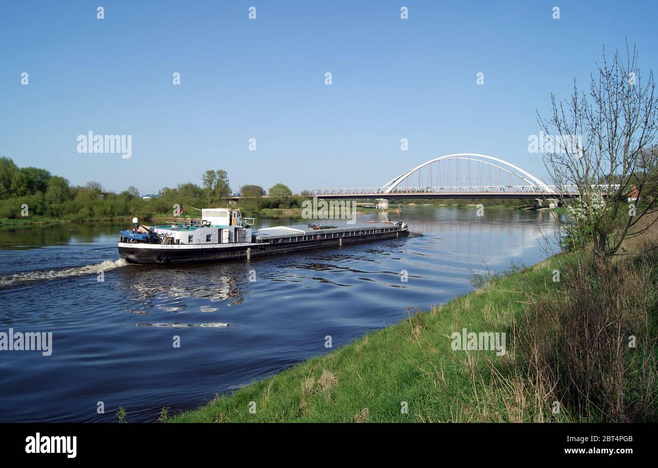 bridge, transport, elbe, inland navigation, waterway, cargo ship, bank ...