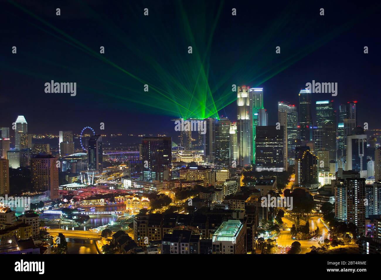 evening, singapore, skyline, laser, lasers, downtown, light, blue ...