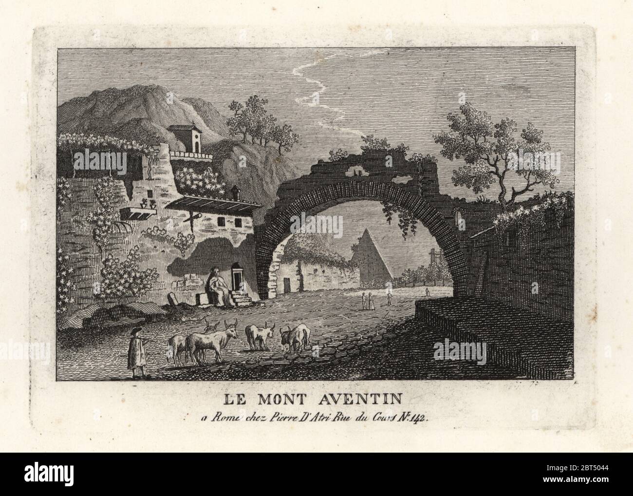 View of the Aventine Hill, one of the Seven Hills of Rome. Copperplate ...