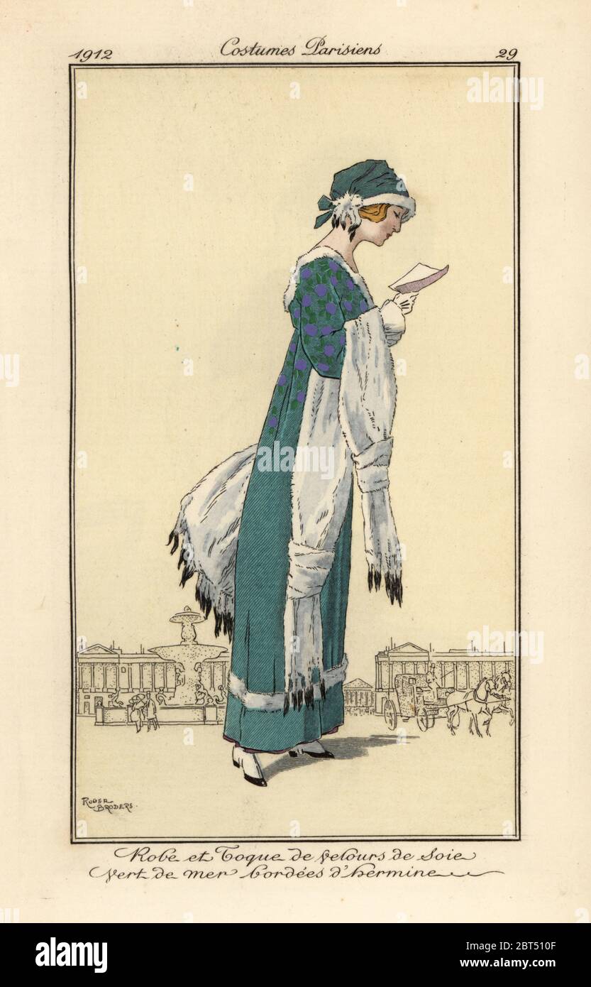 Woman reading a letter wearing a dress and toque hat of sea-green silk ...