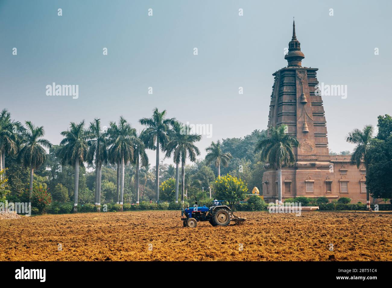 Sarnath Mulagandha Kuti Vihara monastery with palm trees in Varanasi ...