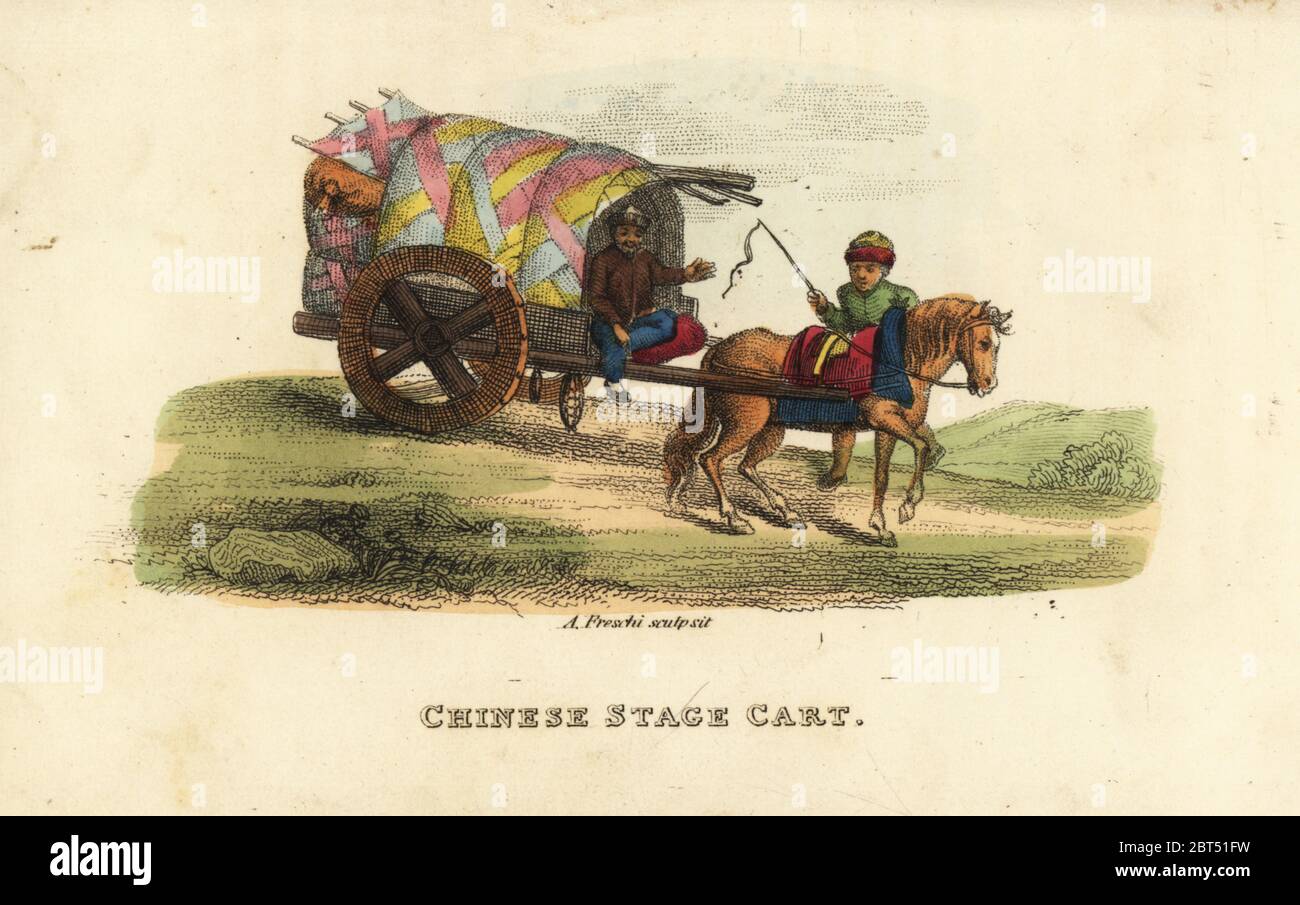 Chinese stage cart, Qing Dynasty. Common horse-drawn carriage or wagon ...