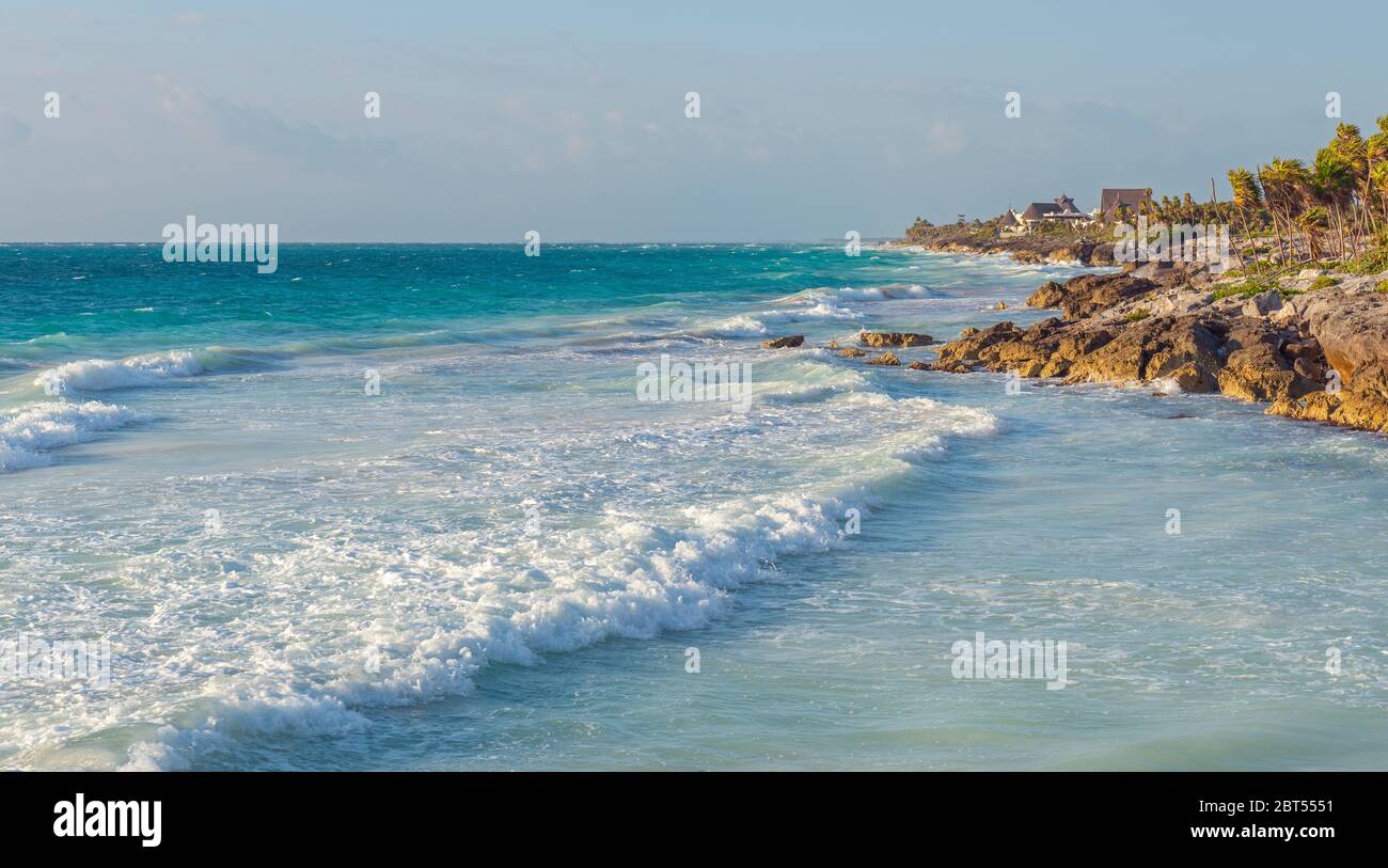 Waves in the Beach Resort of Tulum by the Caribbean Sea, Quintana Roo ...