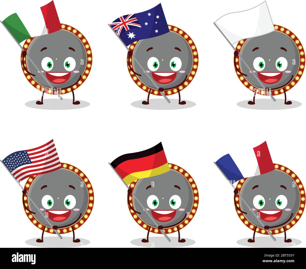 Neon billboard cartoon character bring the flags of various countries ...