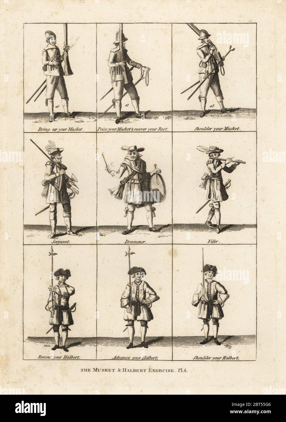 Musket and halberd exercises. Copperplate engraving from Francis Grose ...
