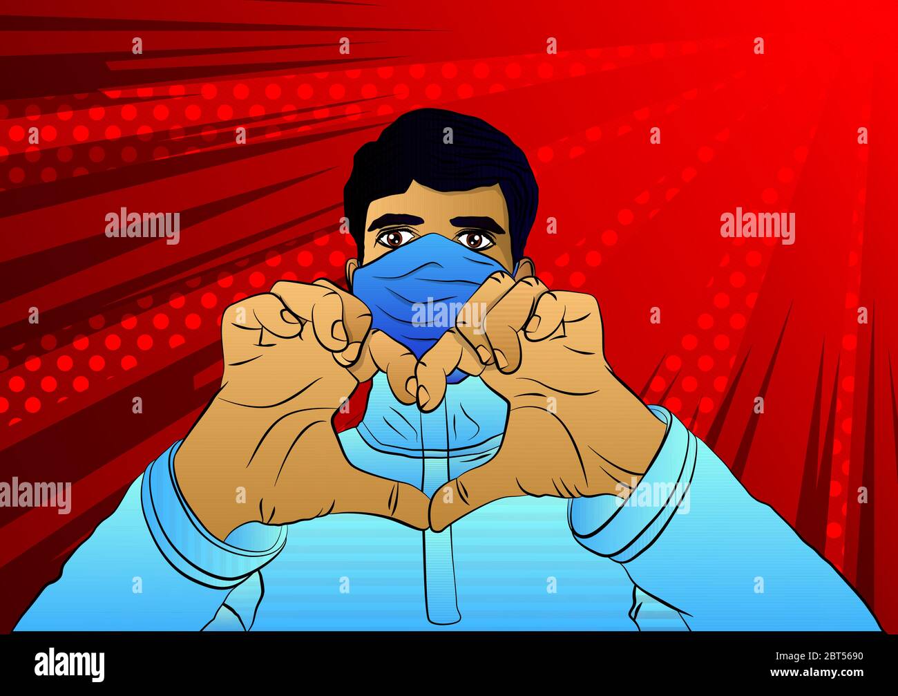 Pop Art Young handsome man wearing face mask and doing a love sign with ...