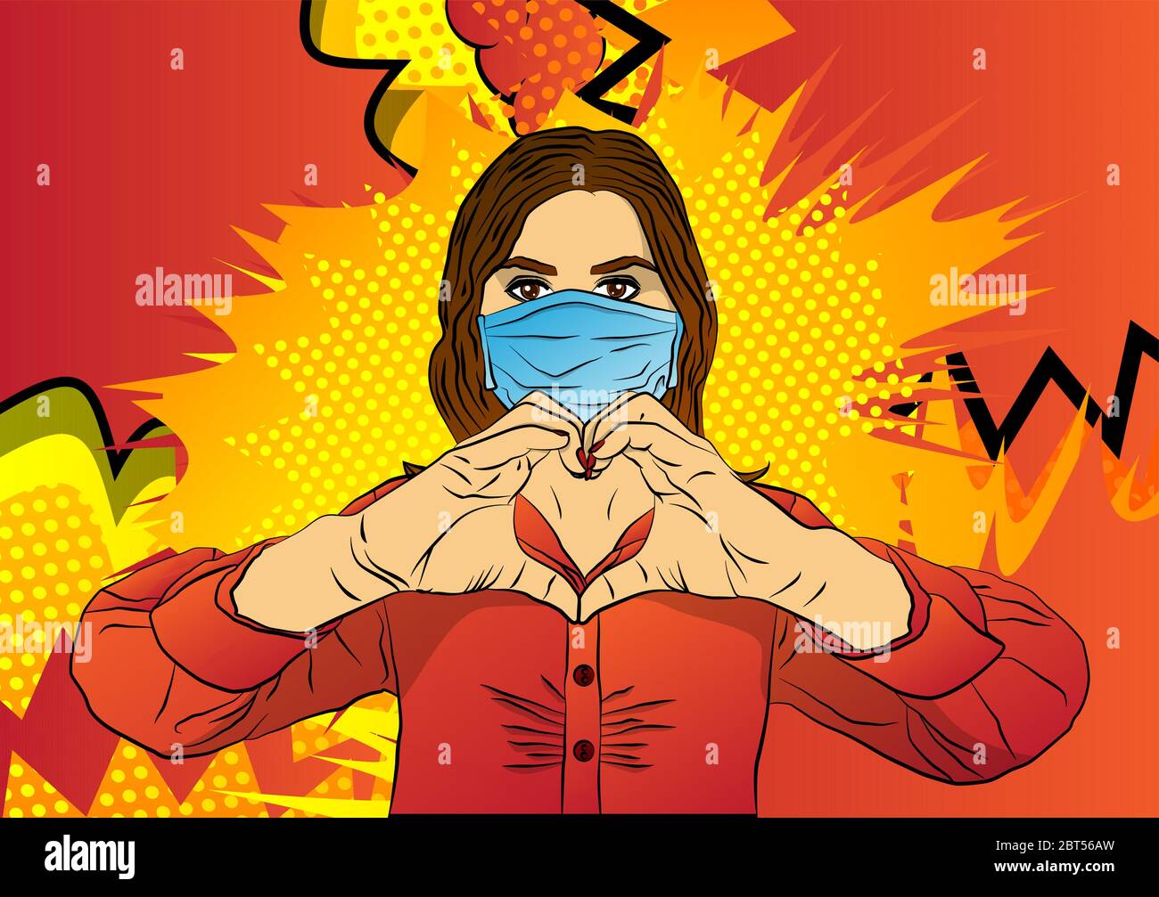 Pop Art Young pretty woman wearing face mask and doing a love sign with ...