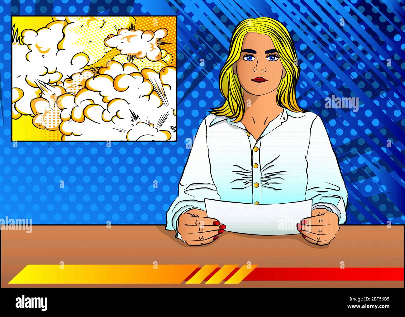 Pop Art anchorwoman, breaking news, reporting of a crime, explosion ...