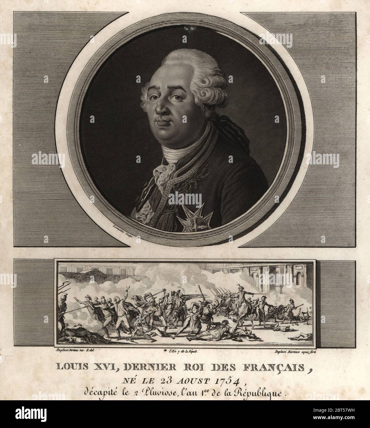 King Louis XVI, last king of the French. Vignette shows the storming of ...