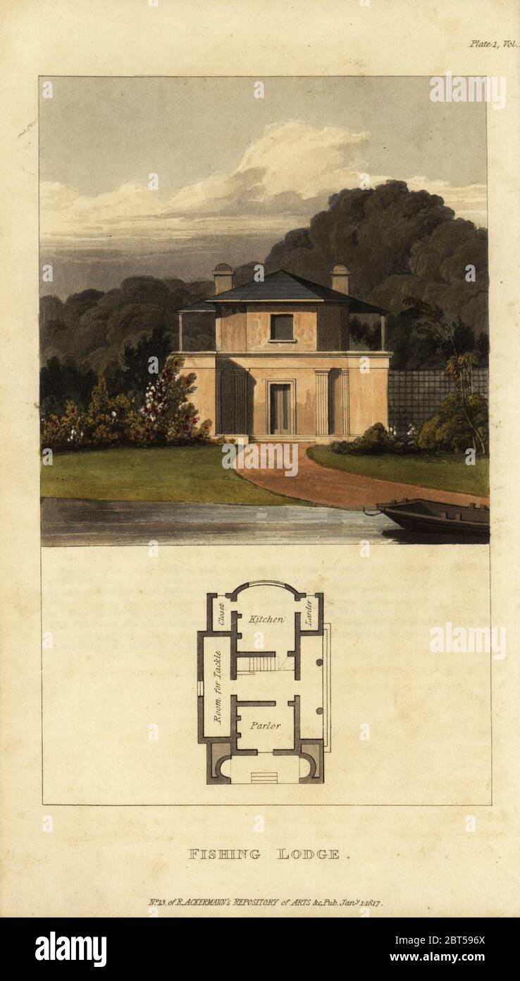 Plan and elevation of a Regency fishing lodge. Floorplan shows room for ...