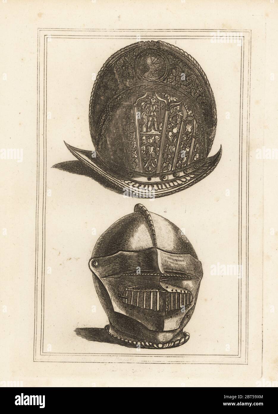 Ancient Venetian morion helmet ornamented with military trophies, and a ...