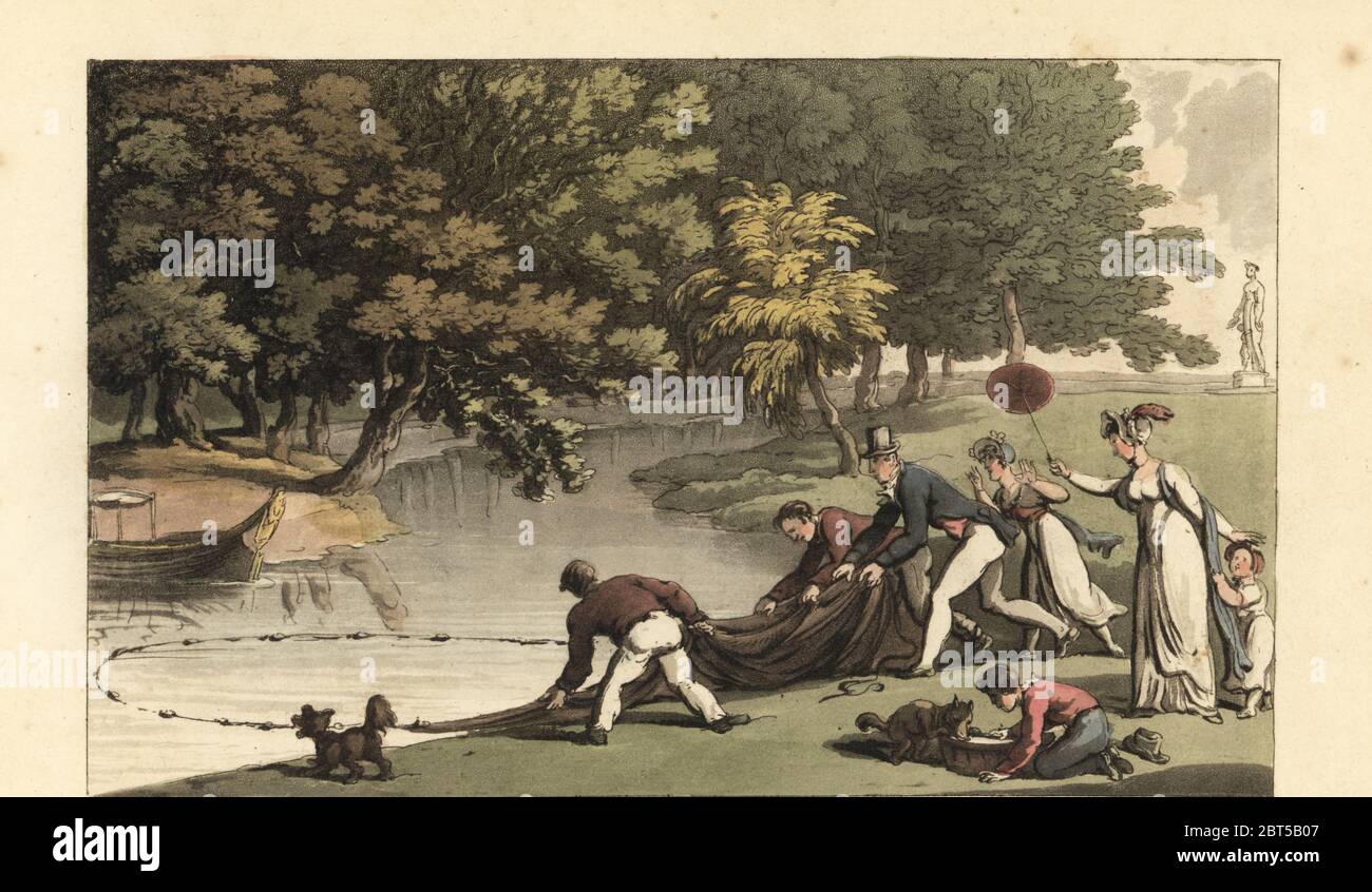 English gentleman and staff using a fishing net on a river on the ...