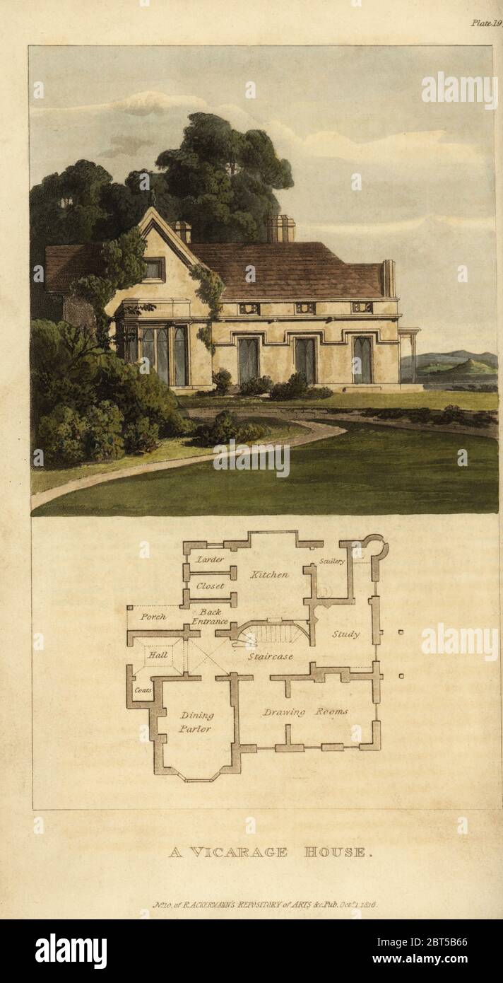 Plan and elevation of a Regency vicarage house. Floorplan shows dining ...