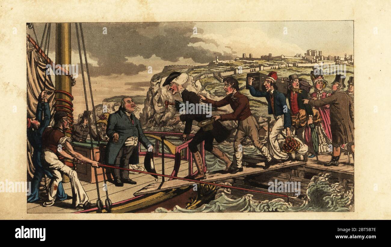 Georgian gentleman boarding a ship by plank, 1820. Captain welcoming ...