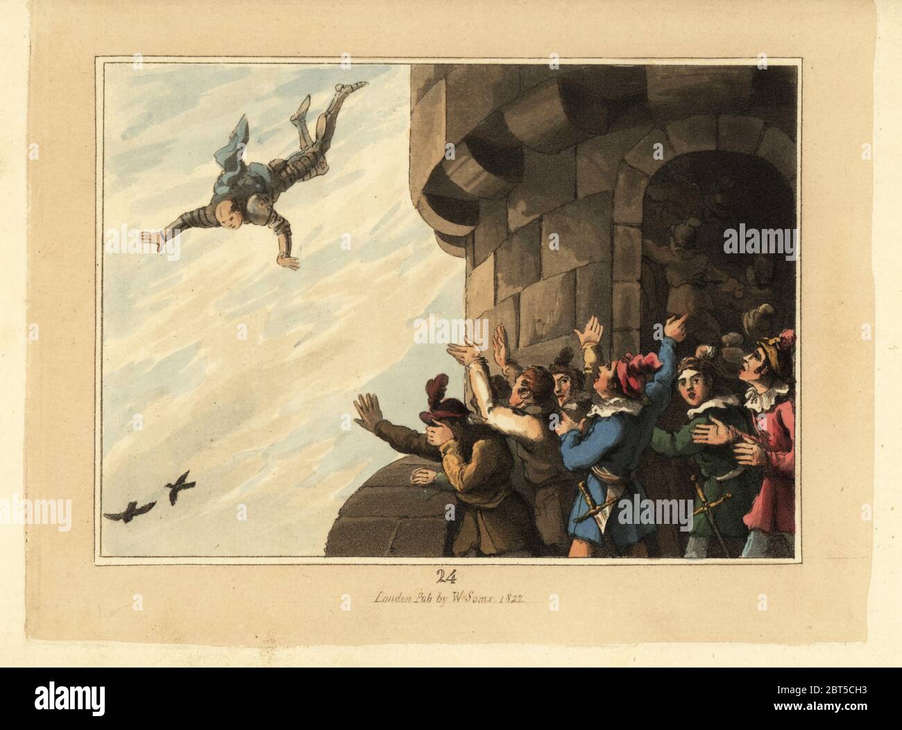 Medieval knight in armour falling to his death from a tower. Alan ...