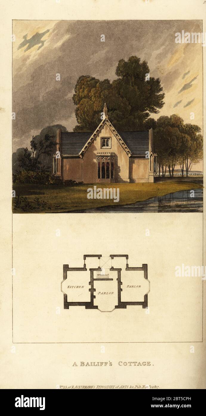 Plan and elevation of a Regency Era bailiffs cottage. Floorplan shows ...