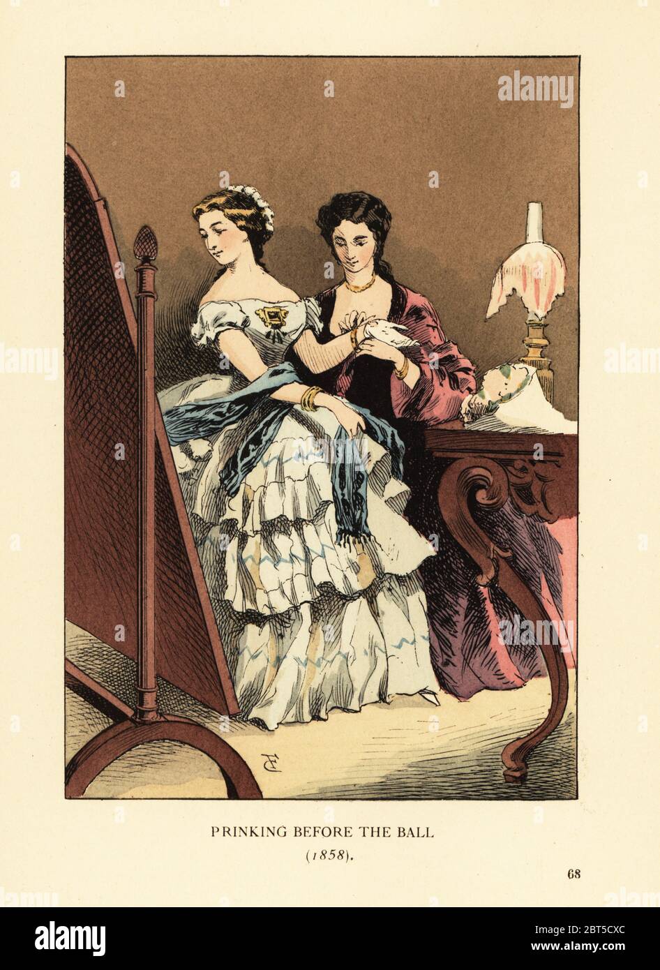 Prinking before the ball, 1858. Women primping in front of a mirror ...