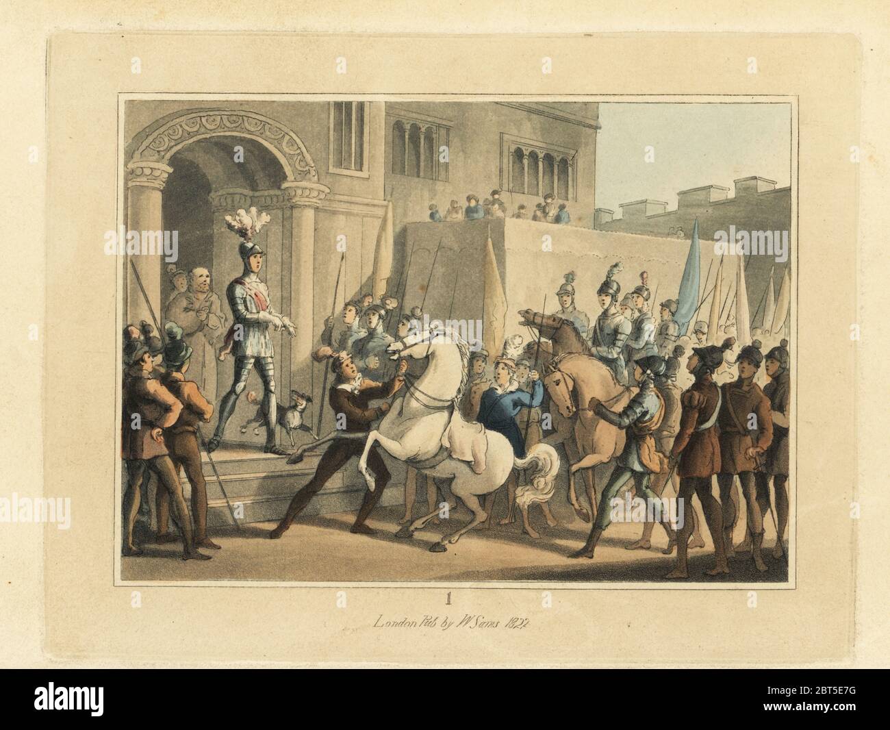 Medieval knight in suit of armour walking out of a castle to mount his ...