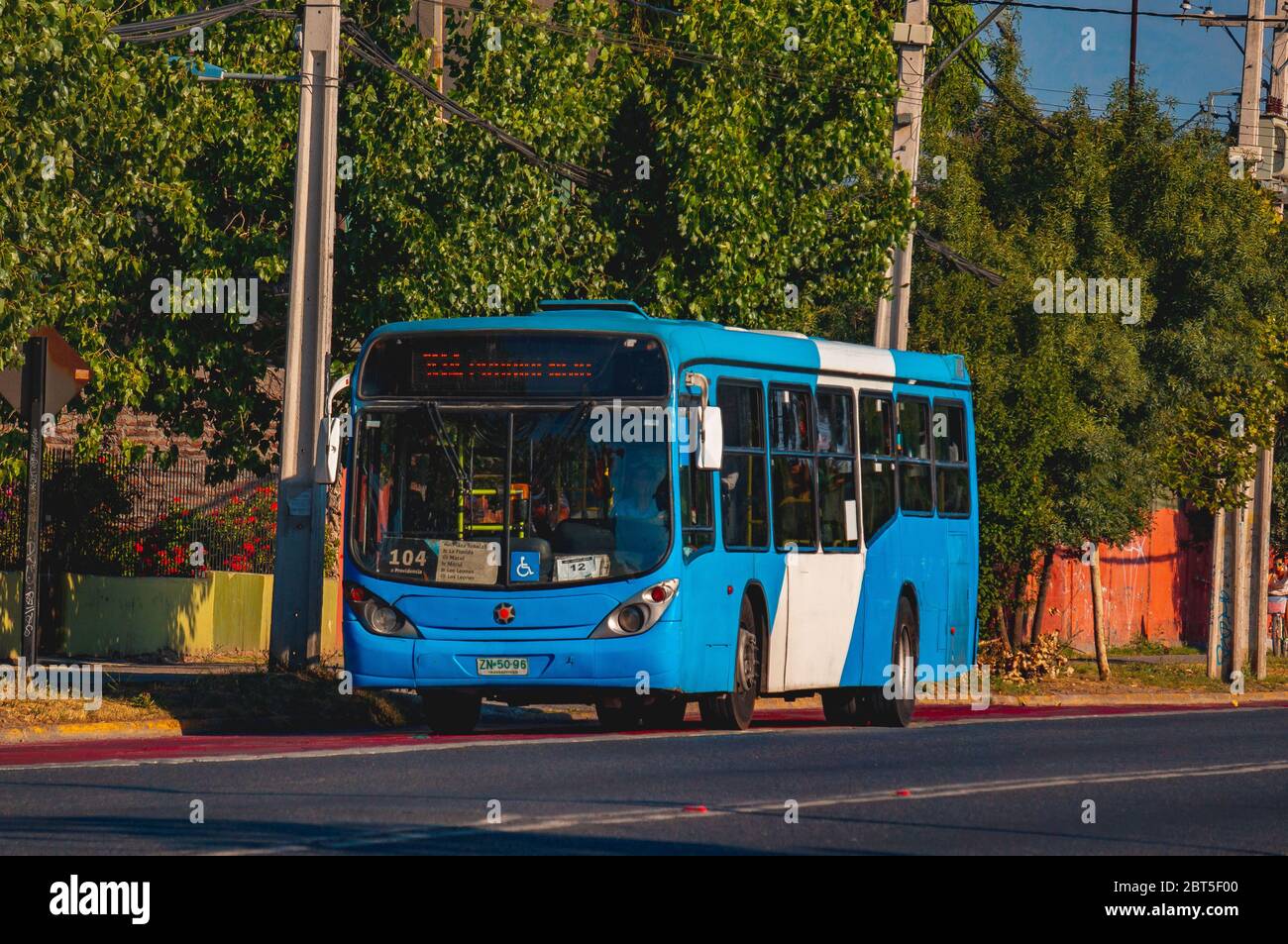 SANTIAGO, CHILE - FEBRUARY 2016: A public transport bus in Santiago ...