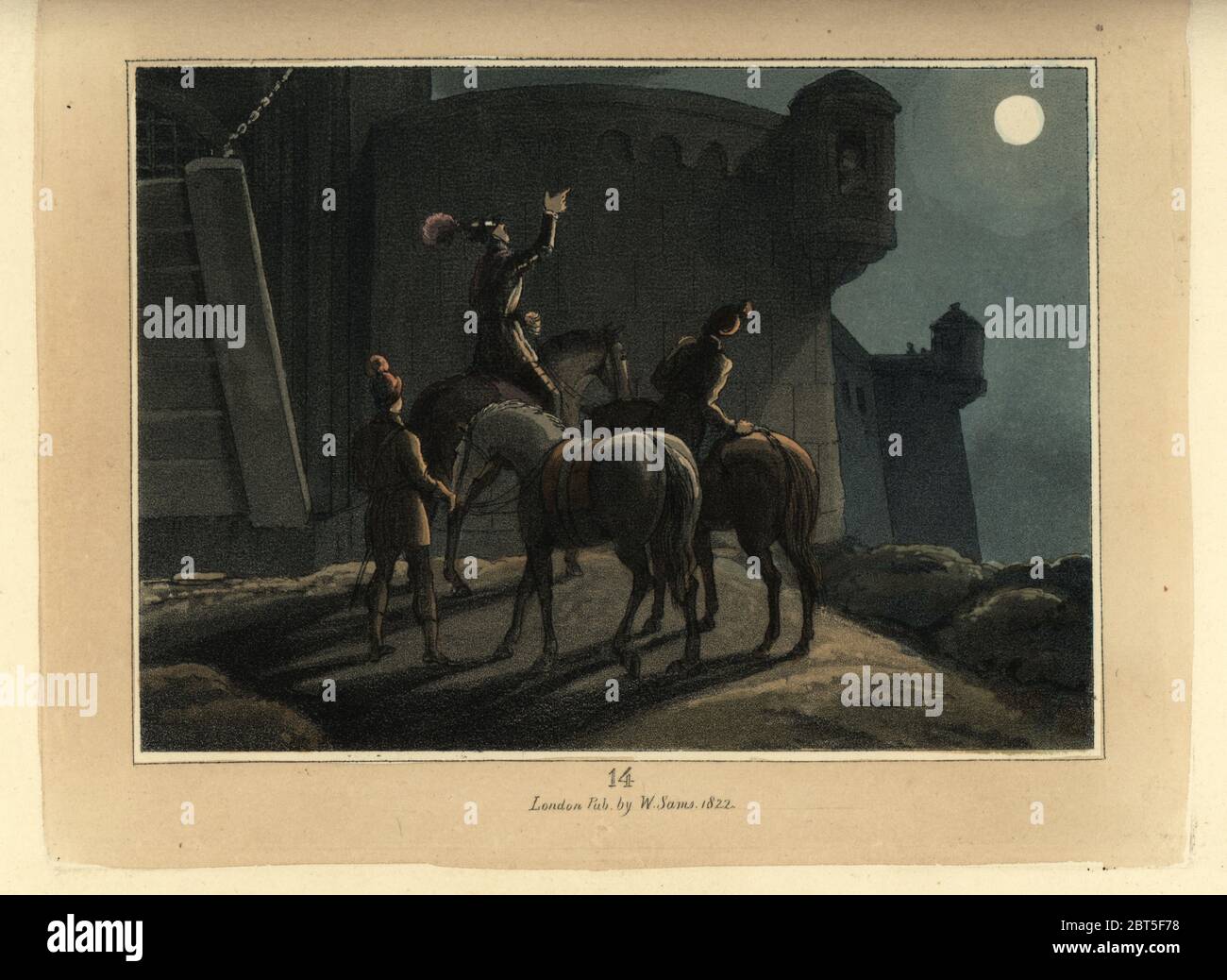 Medieval knight in armour with troops outside a castle in the moonlight ...