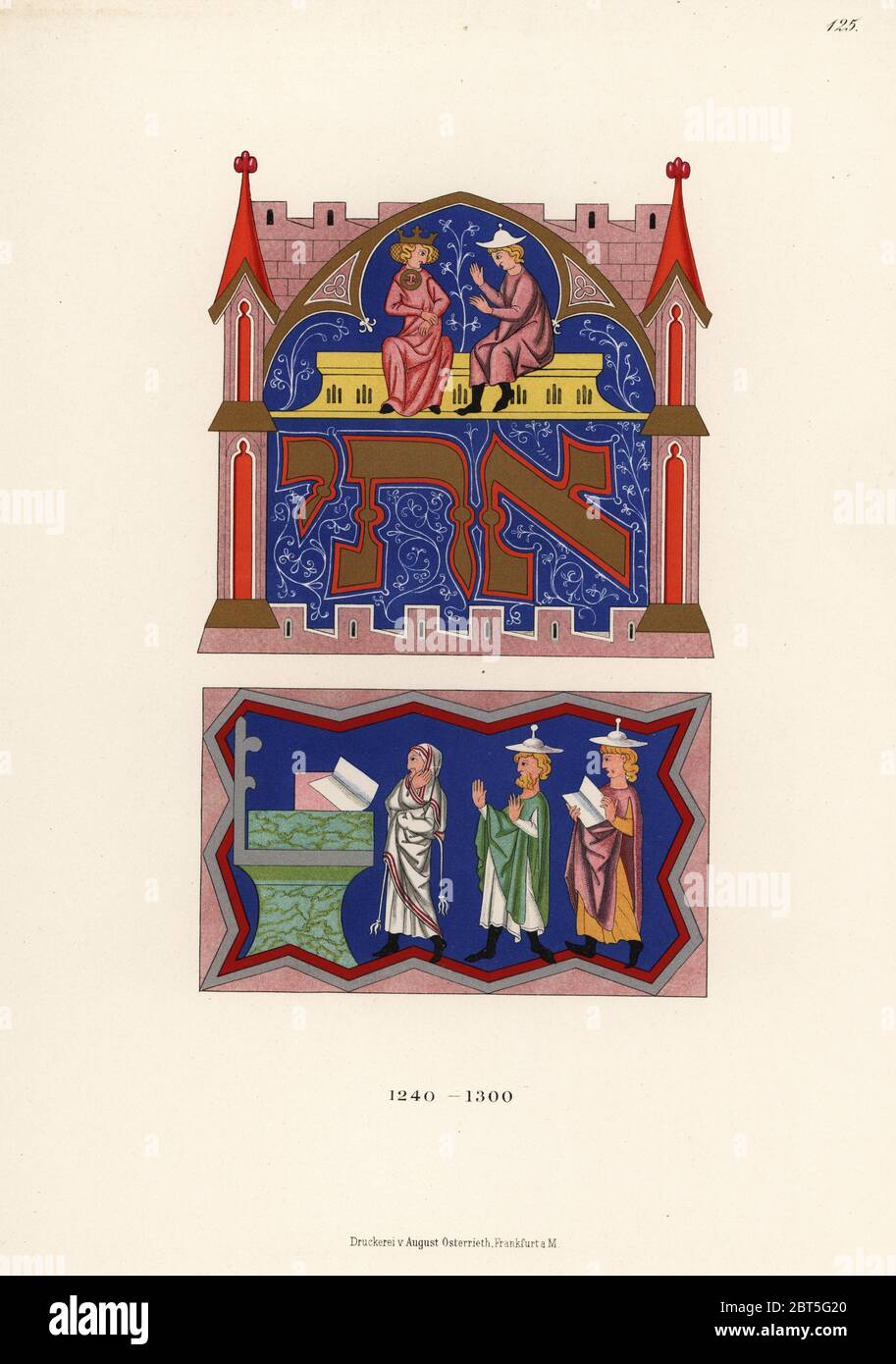 Costumes of 13th century. Young Jewish noble woman in crown (top), and ...