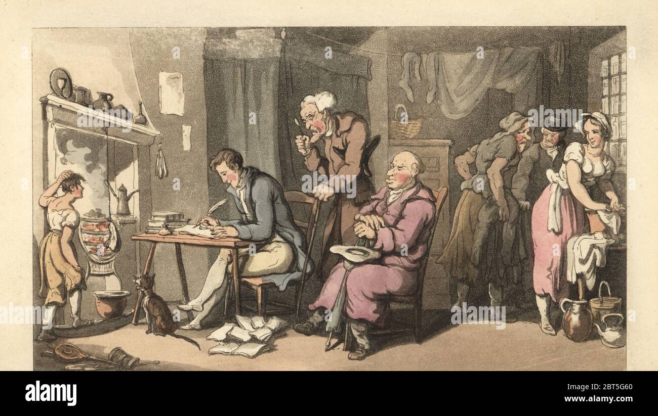 English gentleman writing a begging letter in a decrepit parlour with ...