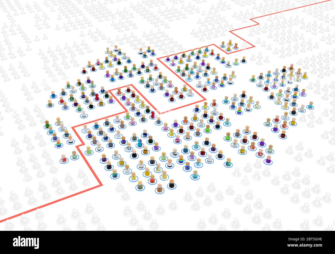 Crowd of small symbolic 3d figures system, wireless blocks with red ...
