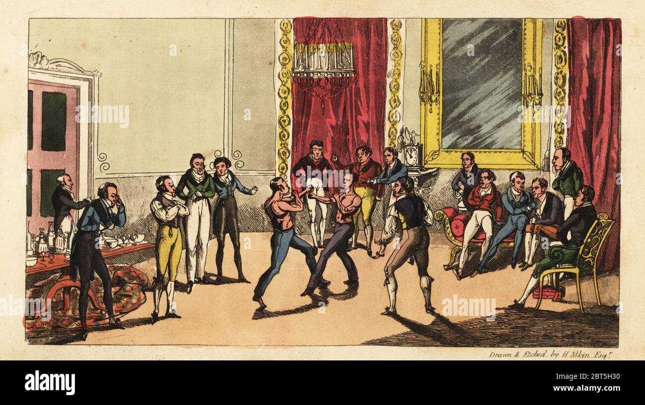 Regency dandies watching a bare-knuckle boxing match in a stately home ...