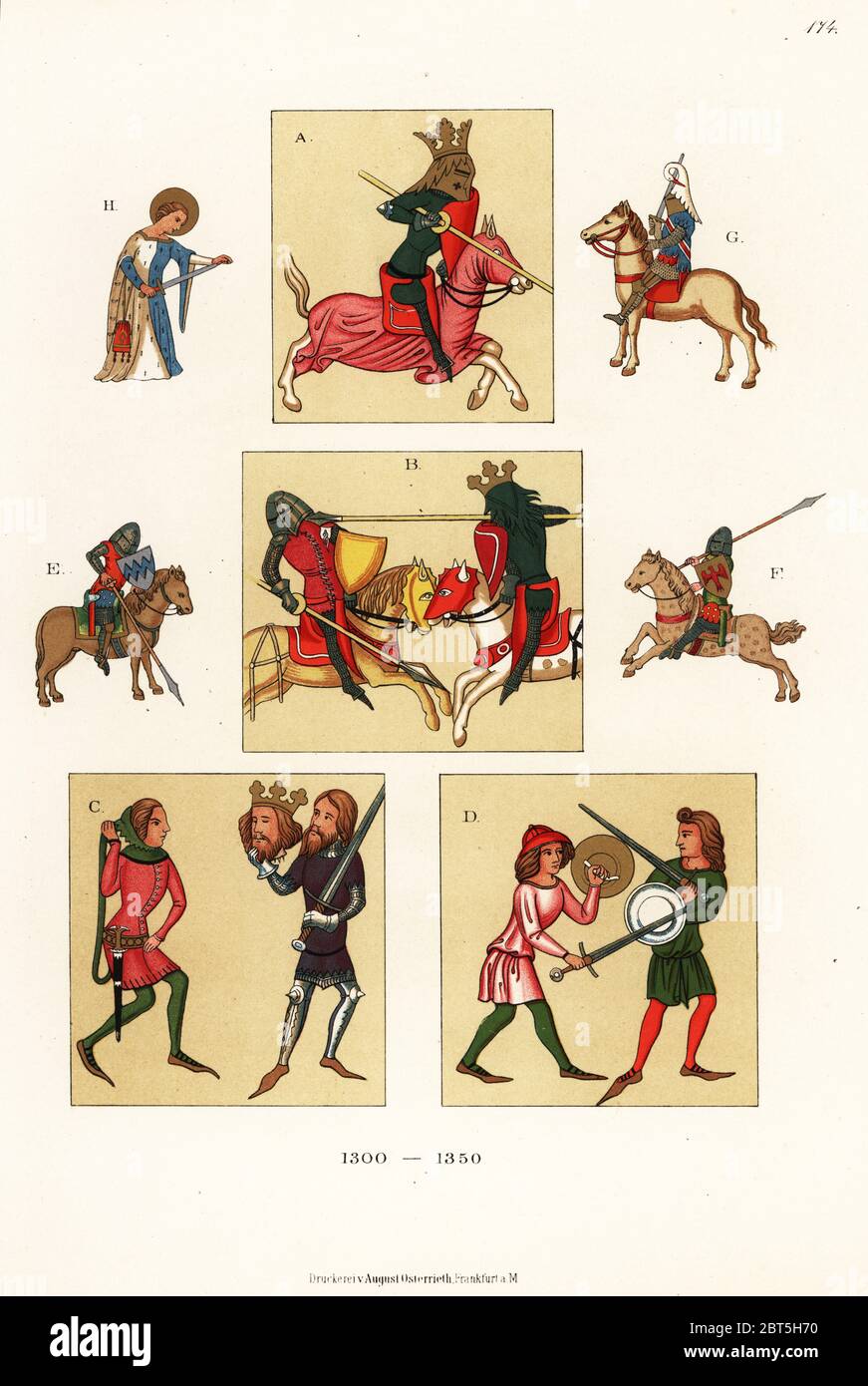 Knights on horseback in combat in the 14th century, a beheaded king ...
