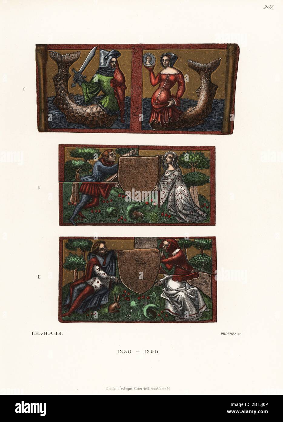 A mermaid or siren in German womens costume from the 14th century ...