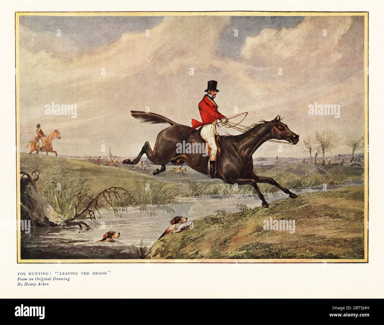 Fox hunting: Leaping the brook. Fox hunter in scarlet jacket on ...
