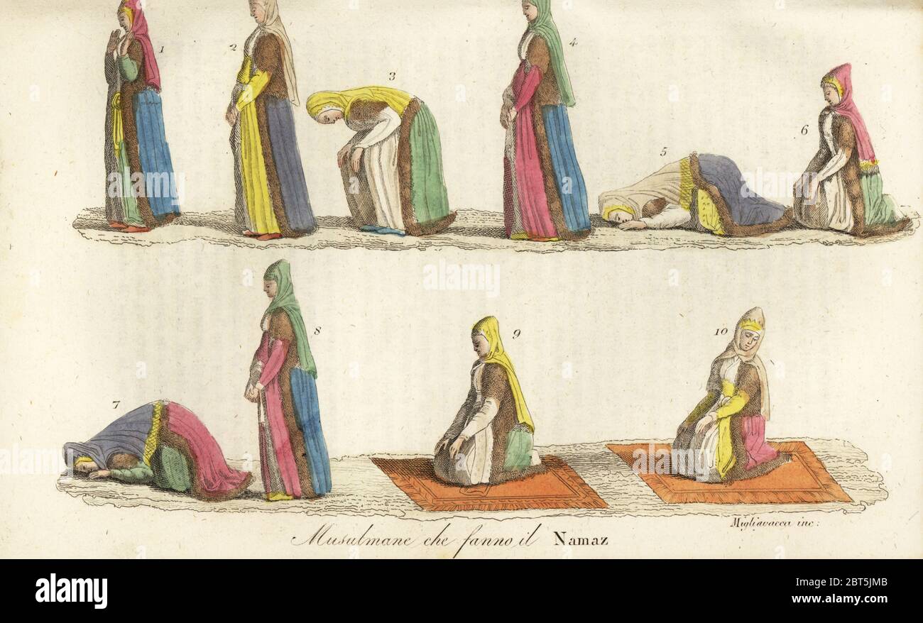 Muslim woman standing, bowing and prostrating herself in the prayer ...