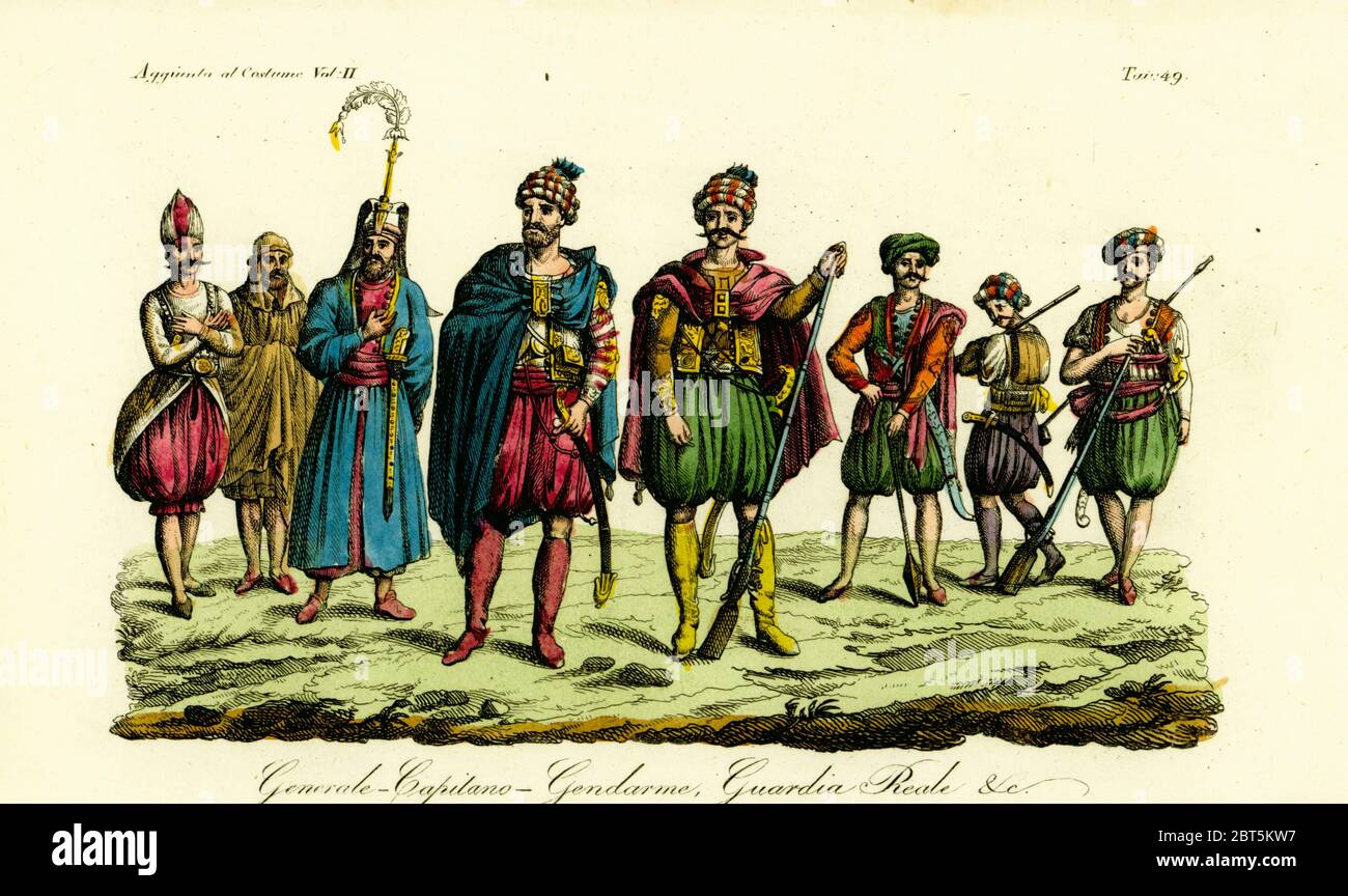 Costumes of Berber soldiers, Tunis, 1828. Captain or Basoda 1, Mamluk ...
