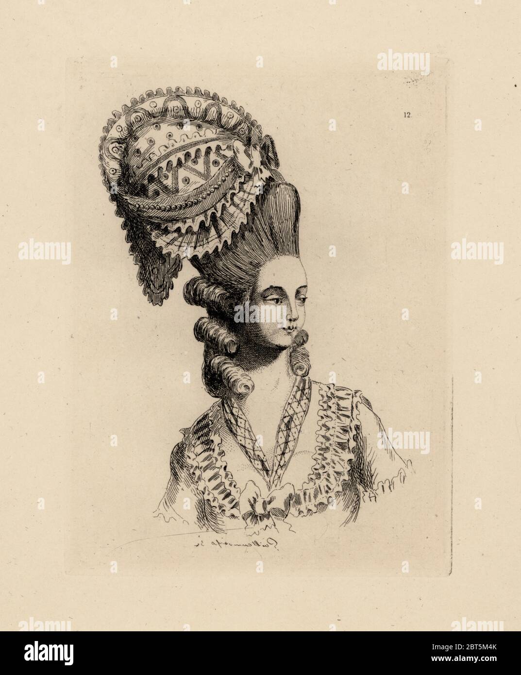 Woman in giant pouf hairstyle with bonnet and ringlets, era of Marie ...