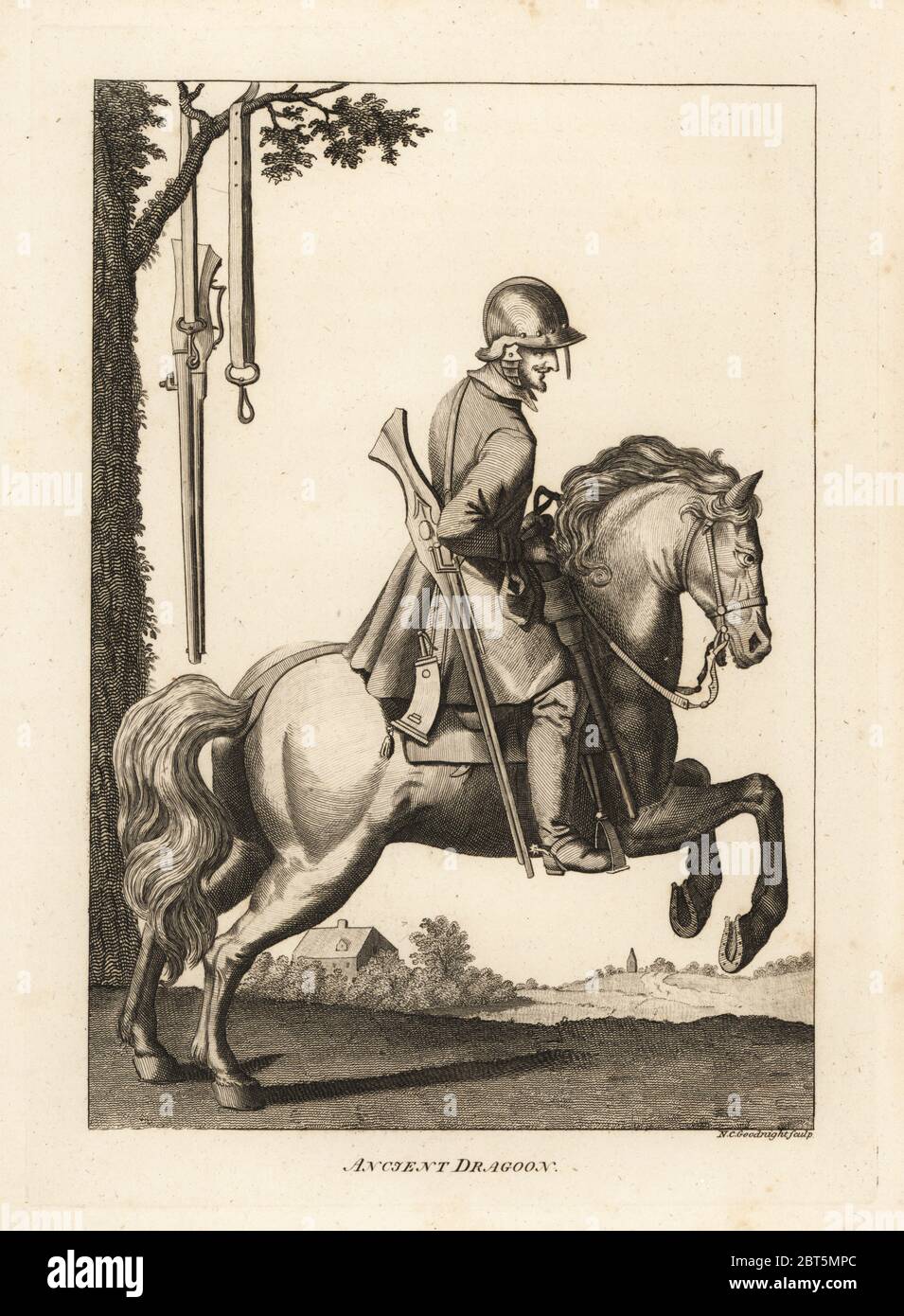 Ancient Dragoon on horseback with helmet, musket and gunpowder horn, 17th century. Copperplate ...